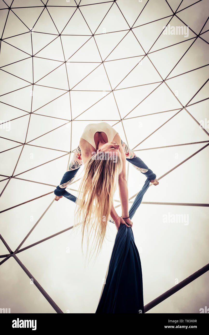 Alternative point of view of beautiful blonde caucasian girl doing ...