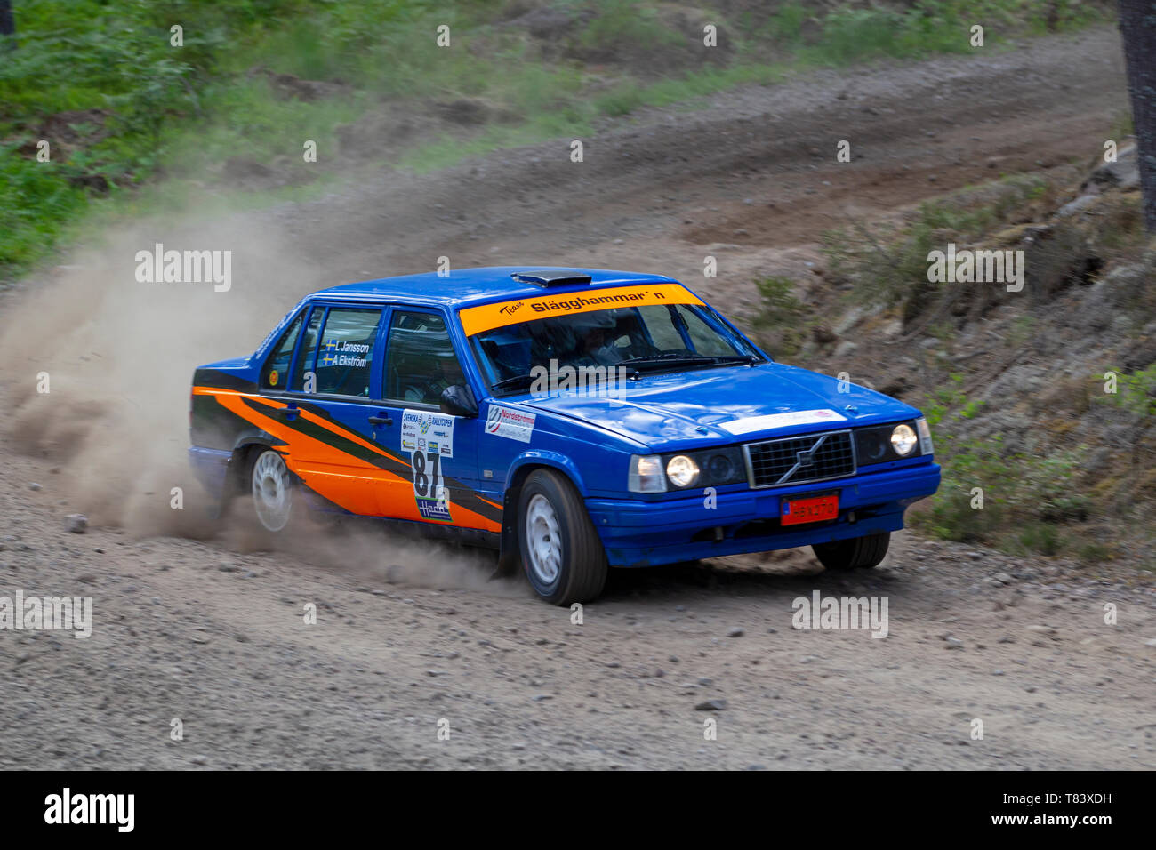 Swedish Volvo rally car on a dirt road at full speed Stock Photo - Alamy