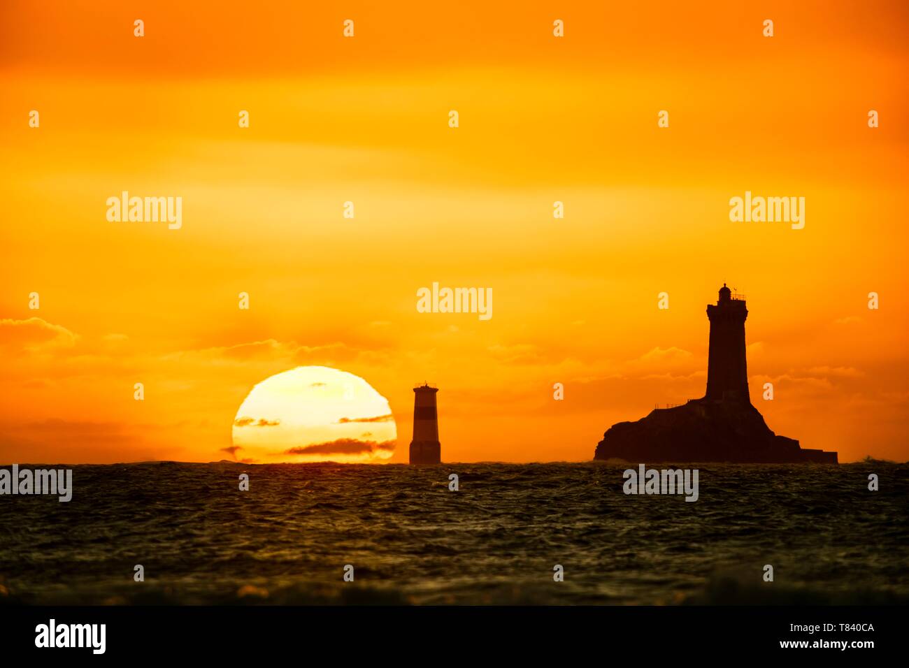 France, Finistere, Plogoff, Raz de Sein, Pointe du raz sunset over La ...