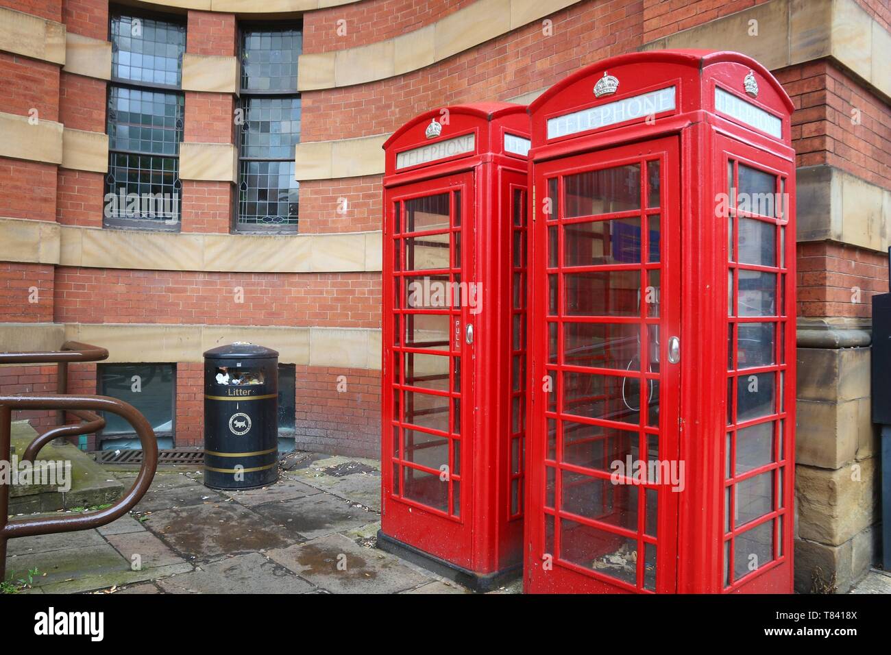 Leeds - city in West Yorkshire, UK. Red telephone booths Stock Photo ...