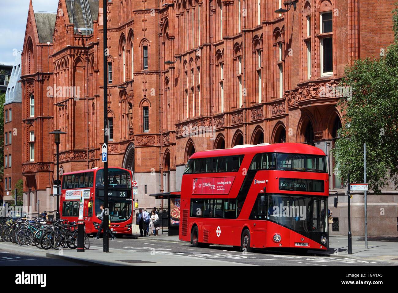 LONDON, UK - JULY 6, 2016: New Routemaster bus in Holborn, London. The ...