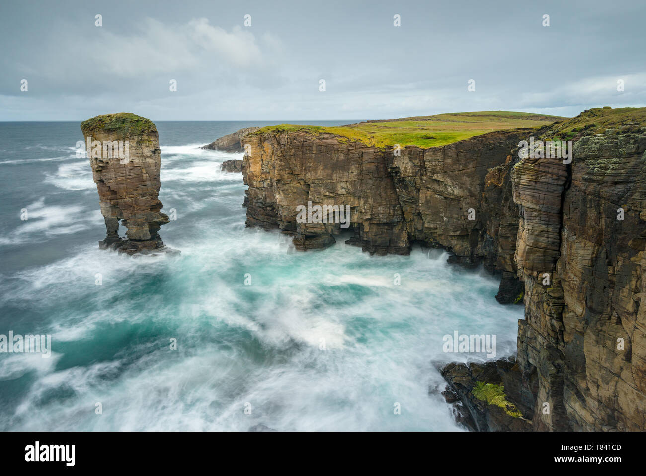 Yesnaby Castle sea stack off the coast of Orkney on a blustery day ...