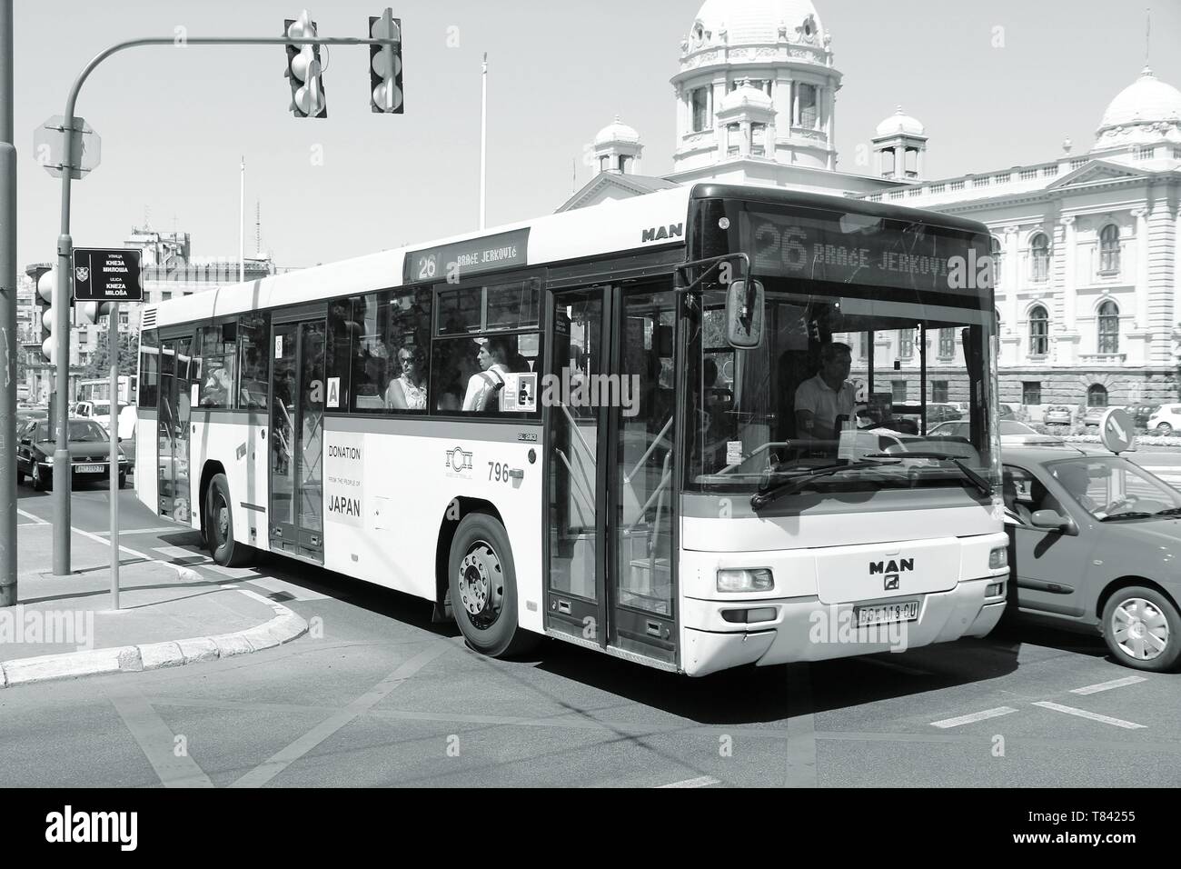 BELGRADE, SERBIA - AUGUST 15, 2012: Commuters ride a bus in Belgrade ...