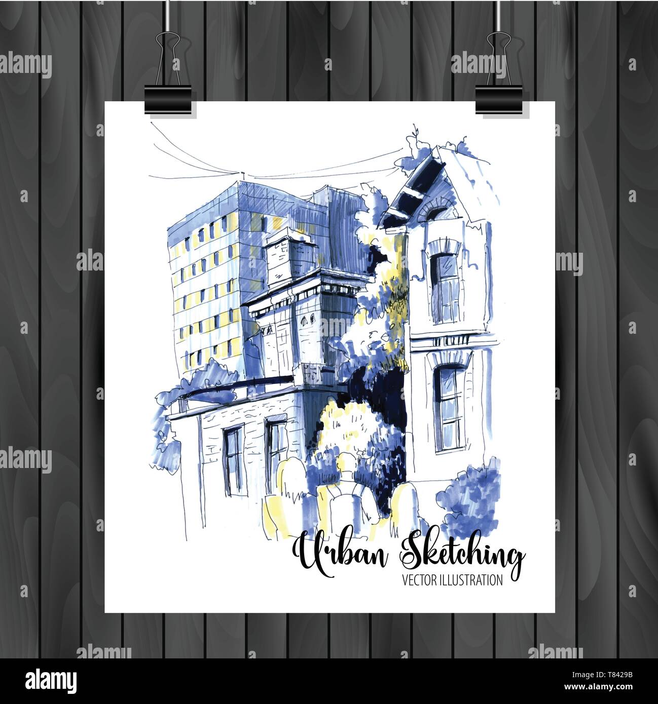 Hand drawn City Sketch for your design,Drawn in color ink or markers on ...