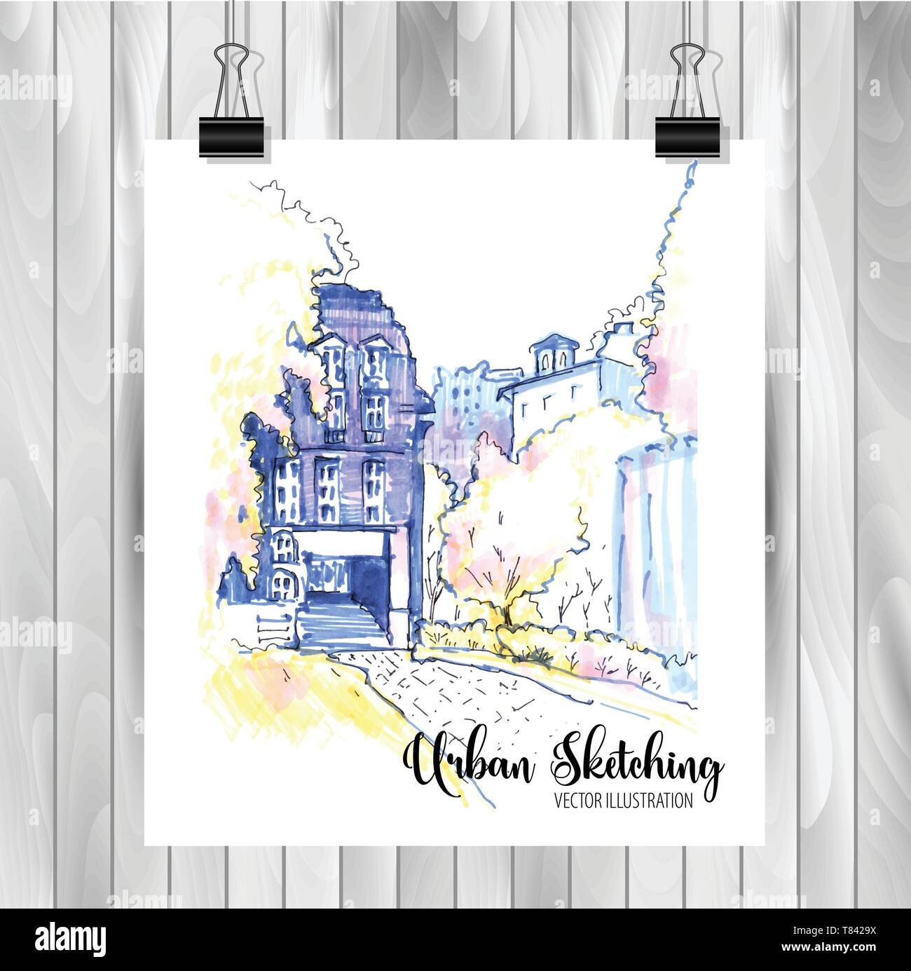 Hand drawn City Sketch for your design,Drawn in color ink or markers on ...