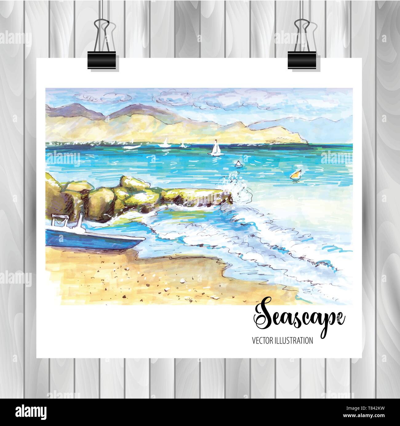 Hand drawn seascape Sketch for your design,Drawn in color ink or ...