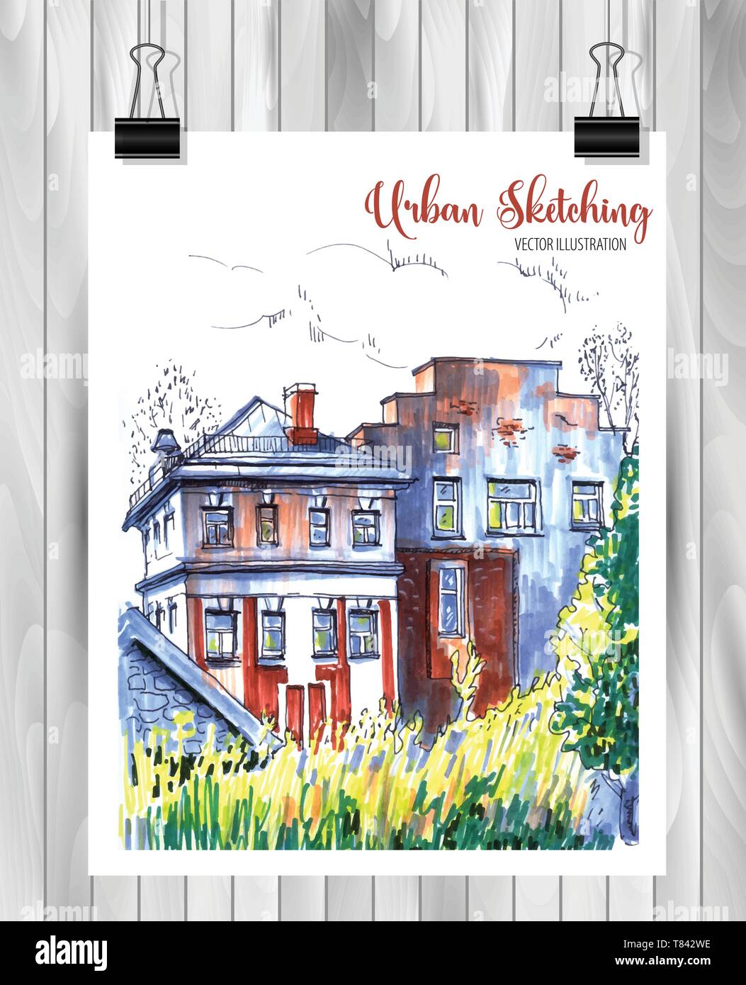 Hand drawn City Sketch for your design,Drawn in color ink or markers on ...