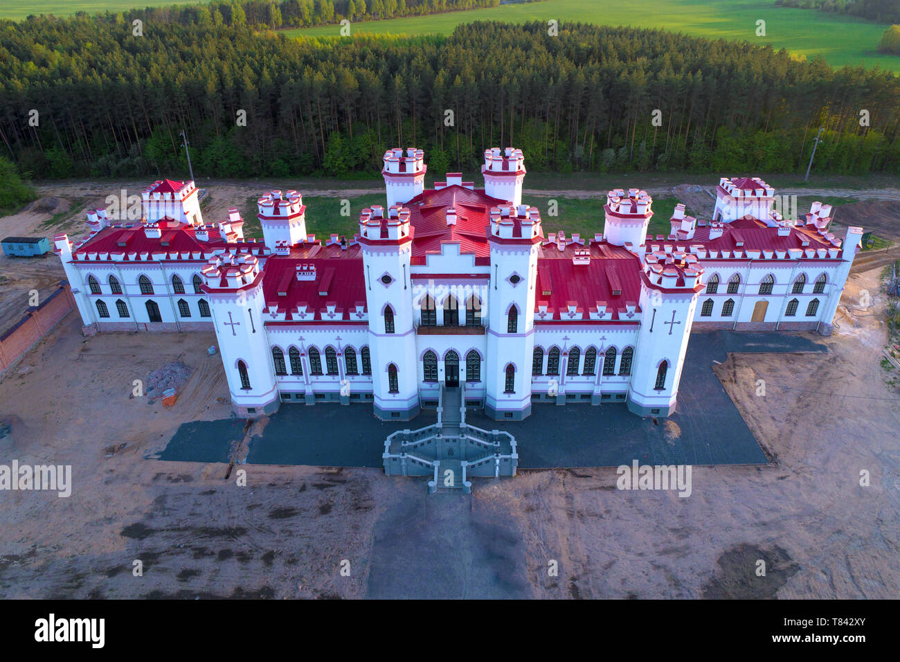 Restored ancient castle-palace of Puslovsky close up on an April ...