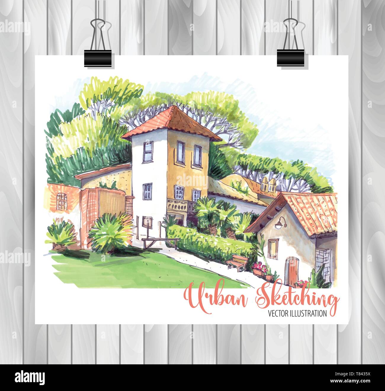 Hand drawn City Sketch for your design,Drawn in color ink or markers on ...