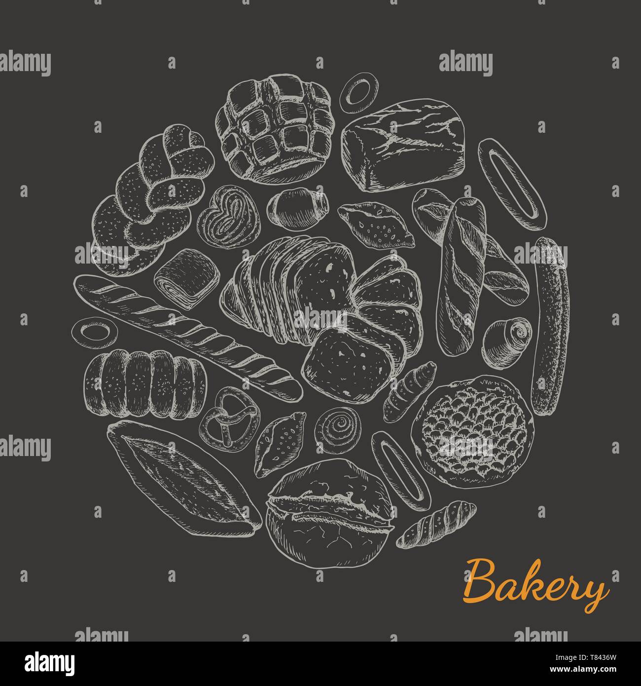 Vector background with various bakery products arranged in a circle ...