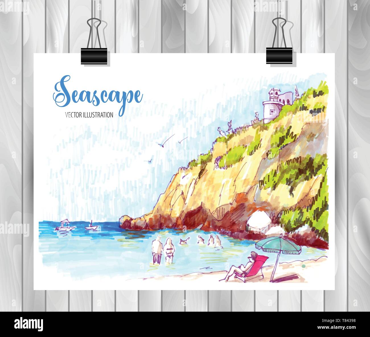Hand drawn seascape Sketch for your design,Drawn in color ink or ...