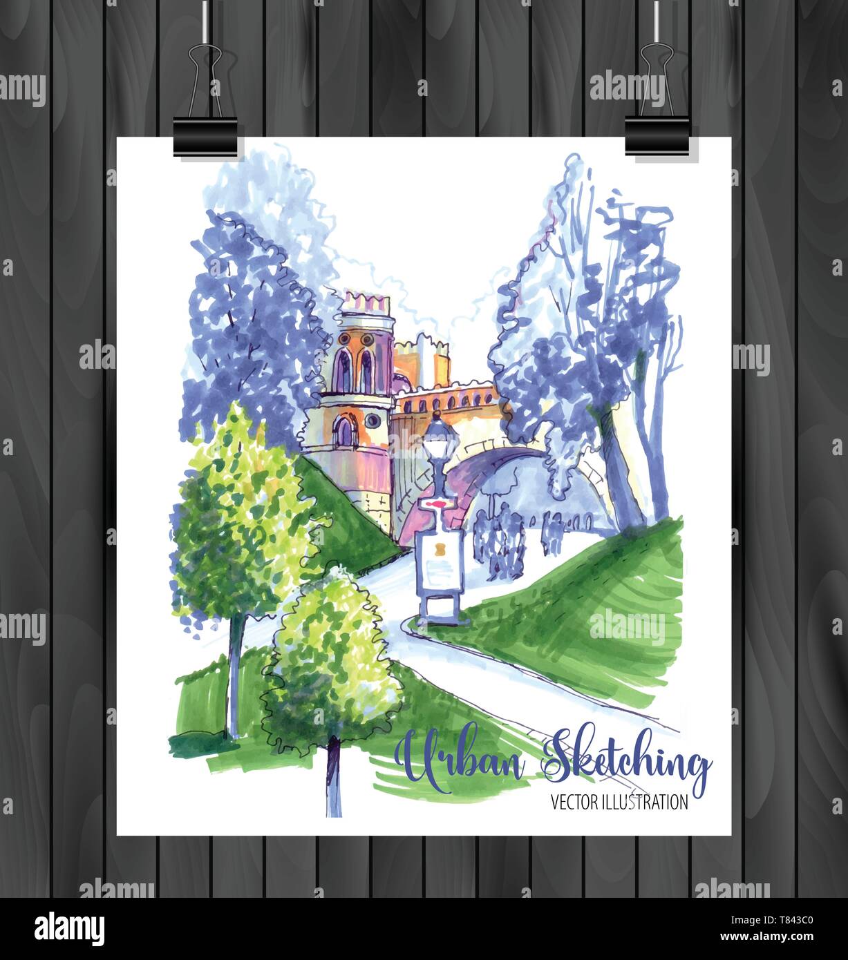 Hand drawn City Sketch for your design,Drawn in color ink or markers on ...