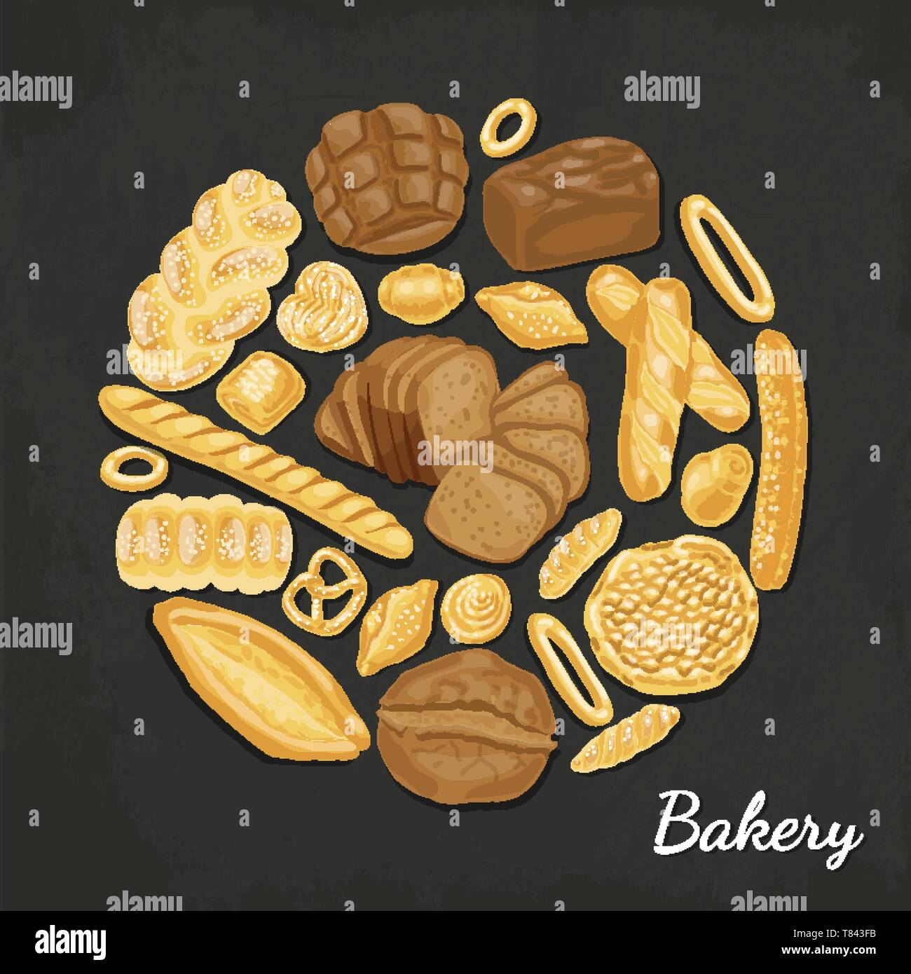 Vector background with colored bakery products arranged in a circle ...