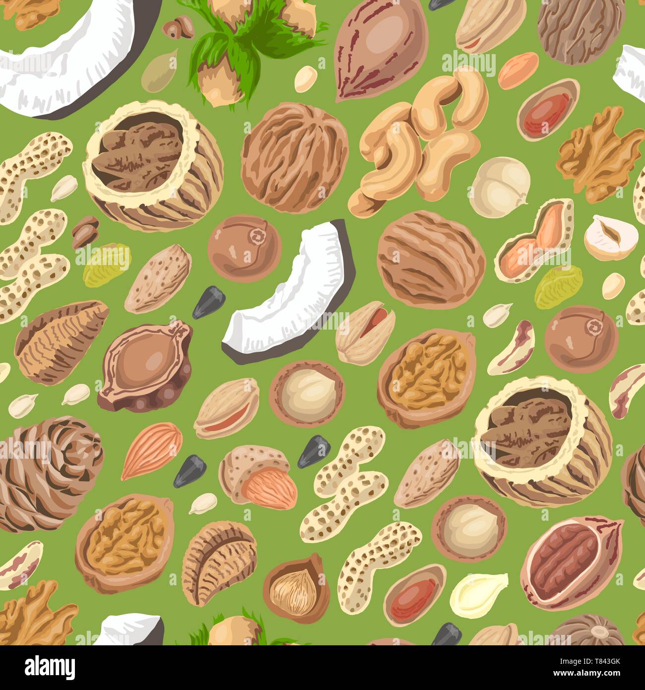 Seamless pattern with colored nuts and seeds. Vector illustration for ...