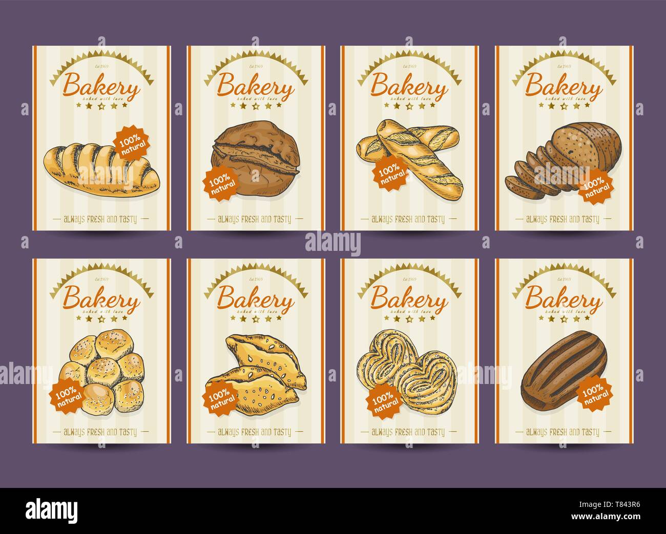 Collection of posters with various bakery products. Vector illustration ...