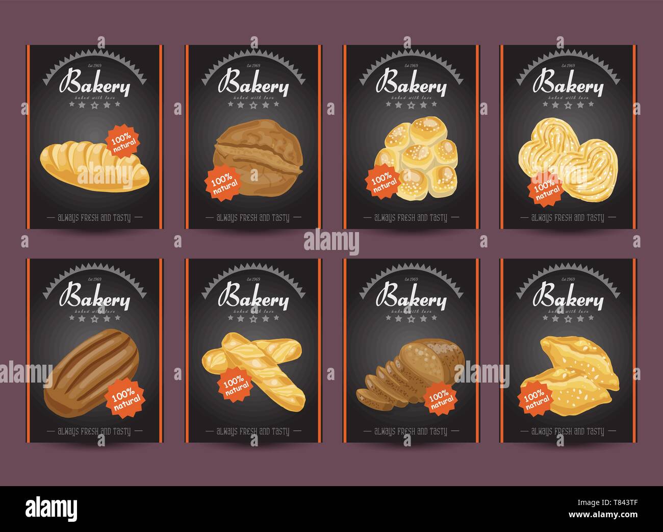 Collection of posters with various bakery products. Vector illustration ...