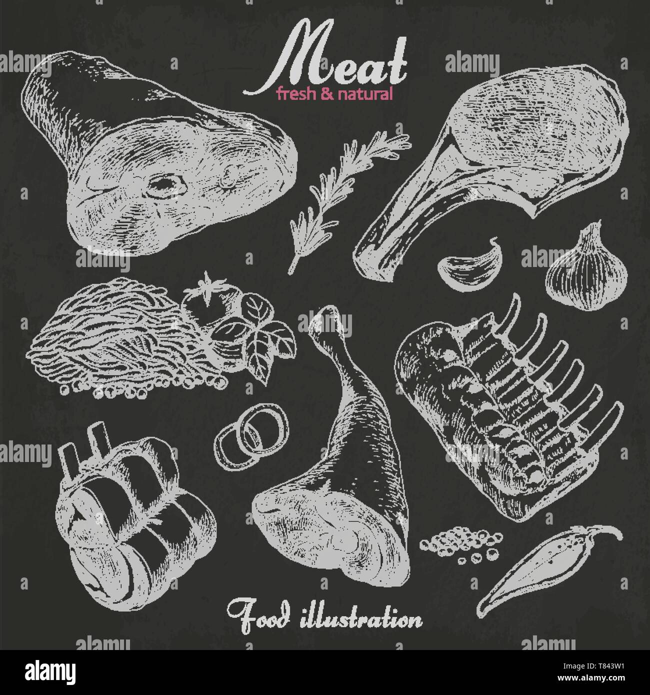 Set of hand drawn meat isolated on black background. Vector ...