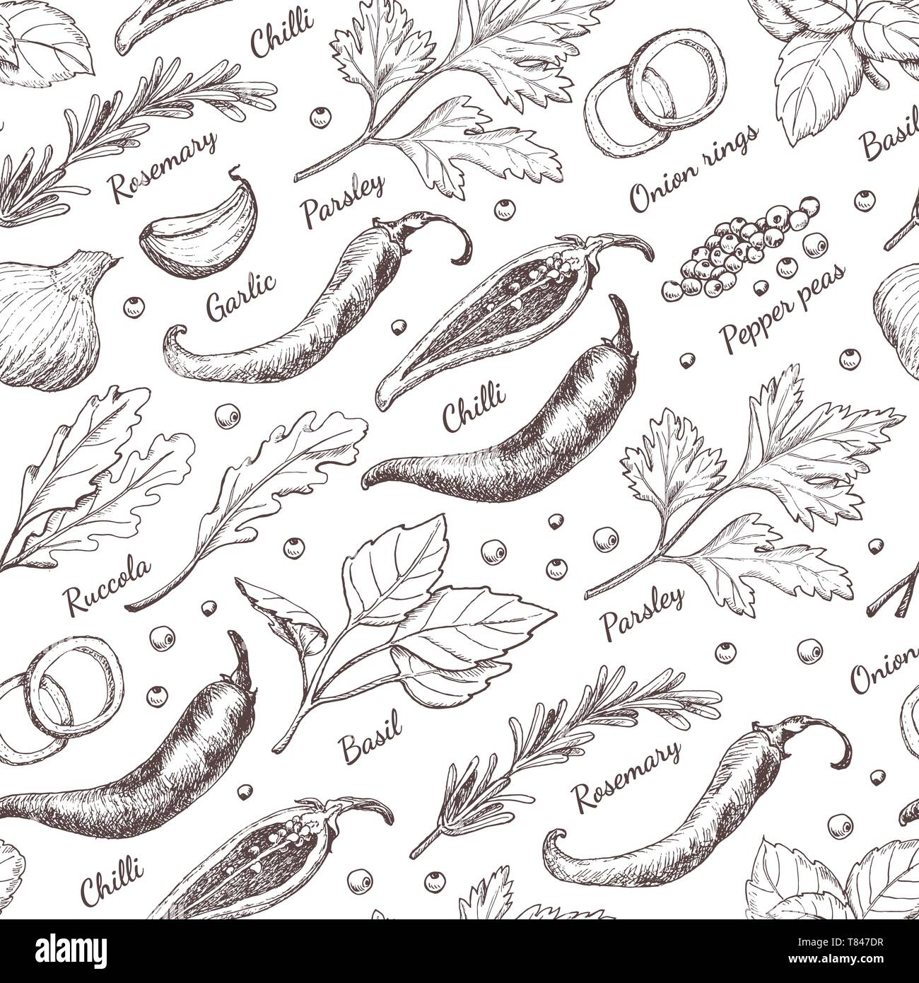 Seamless pattern with different spices. Vector illustration for your ...