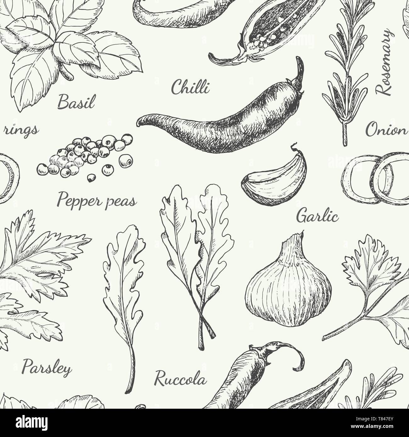 Seamless pattern with different spices. Vector illustration for your ...