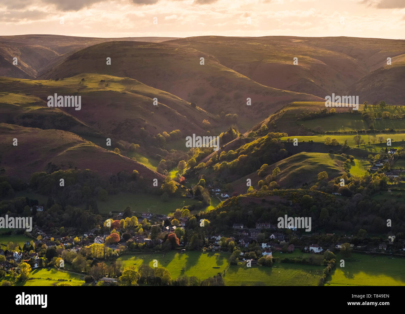 Batch Valley and the Long Mynd with the village of All Stretton, seen ...