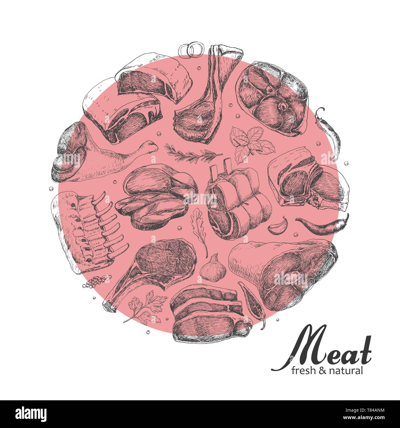 Vector background with meat products arranged in a circle. Vector ...