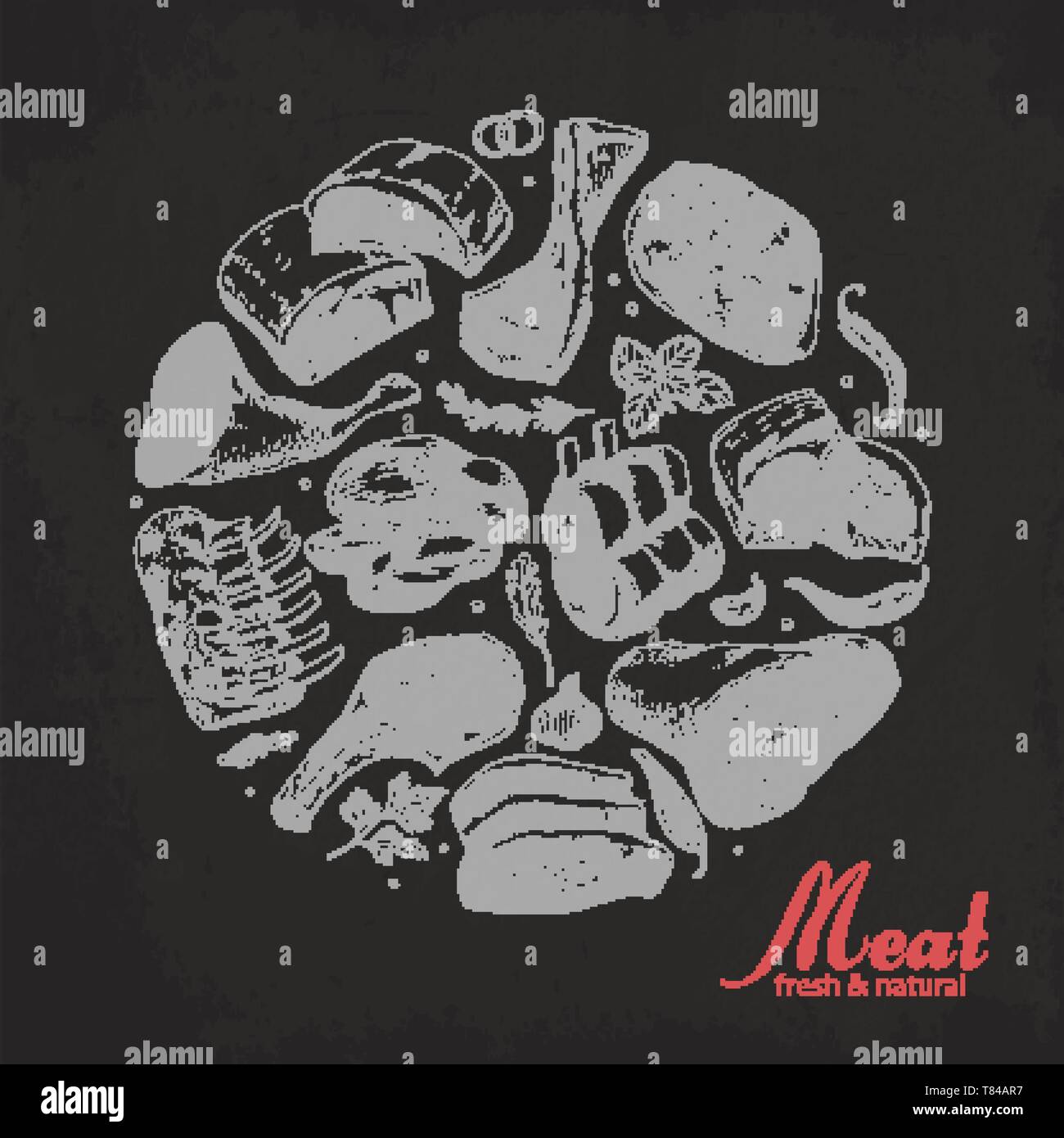 Vector background with meat products arranged in a circle. Vector ...