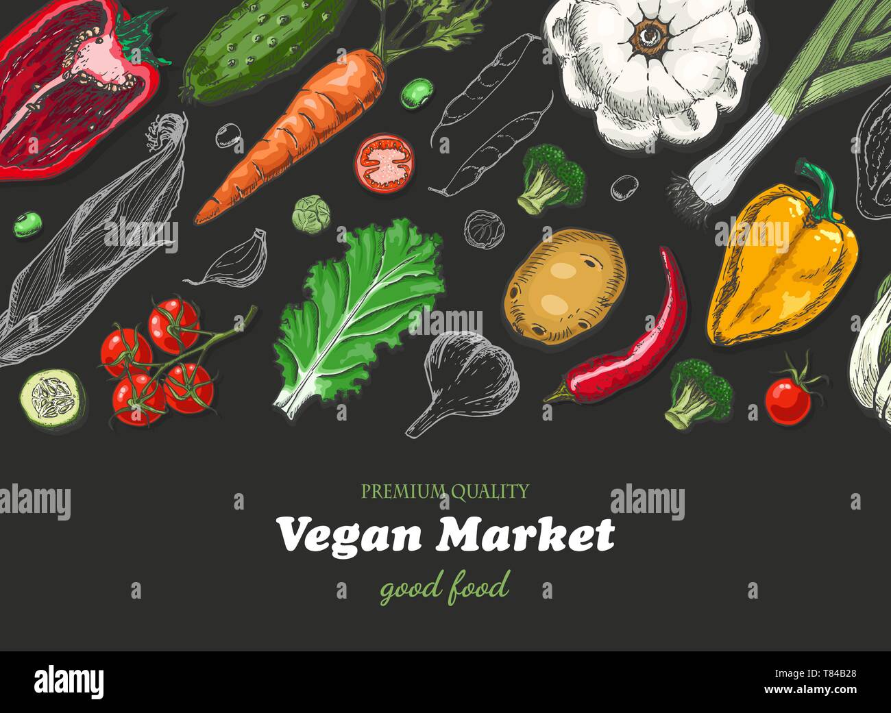 Horizontal background with different vegetables. Organic food. Vector ...