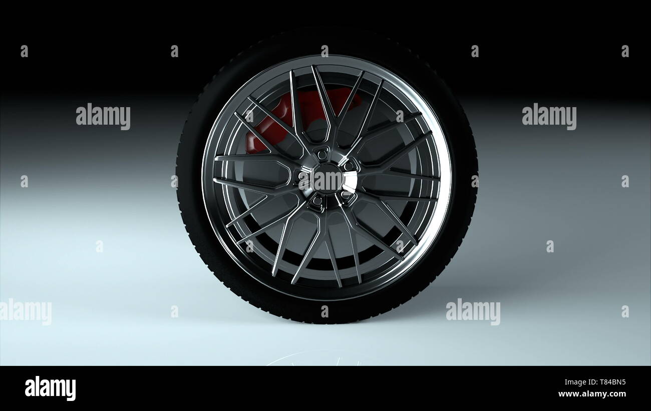 Modern and shiny car wheel on the surface, stylish object, 3d rendering ...