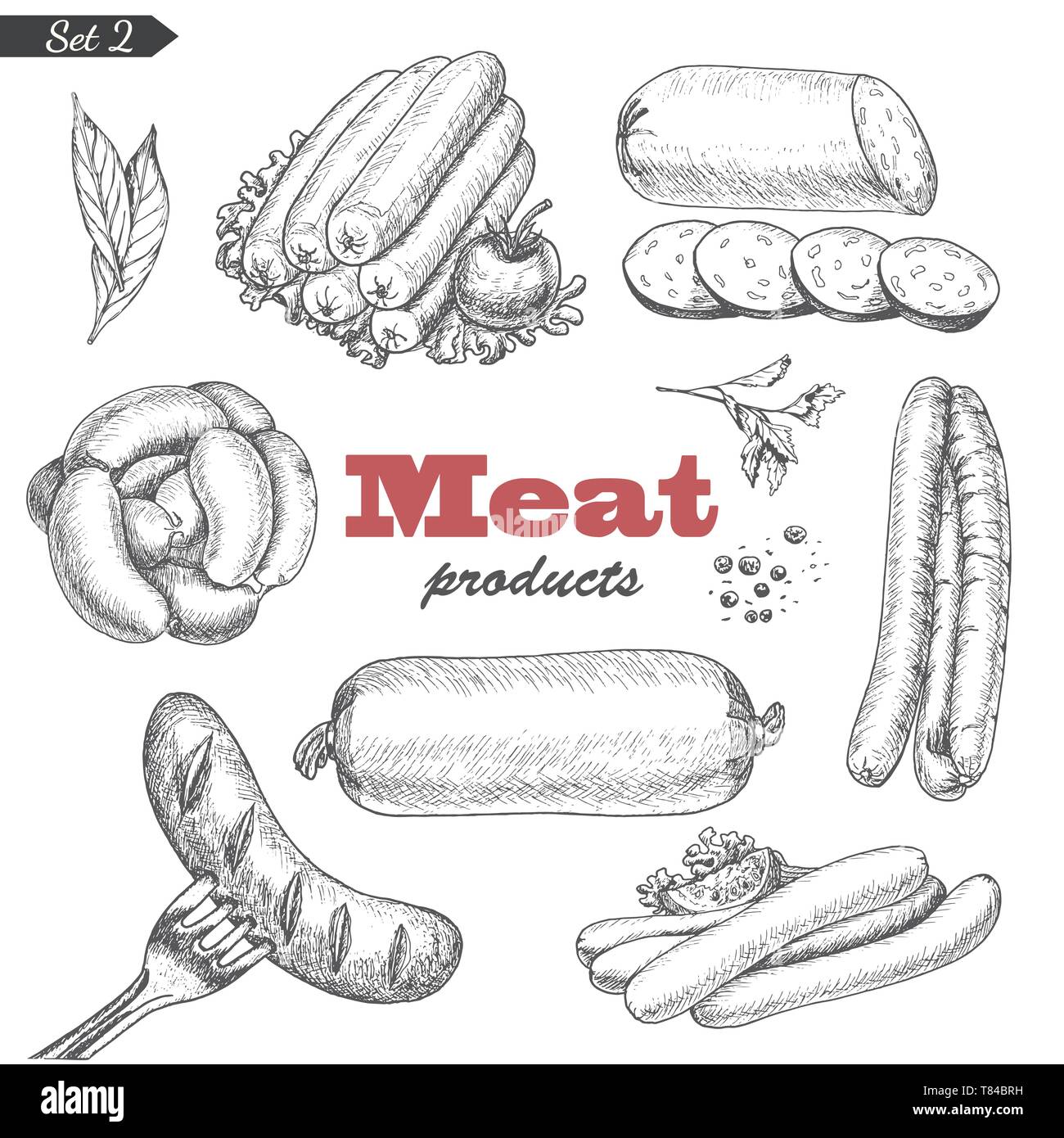 Vector set of isolated meat products in sketch style. Vector ...