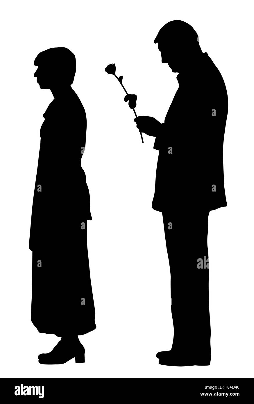 Man saying sorry and giving a rose to offended woman. Woman ignore ...