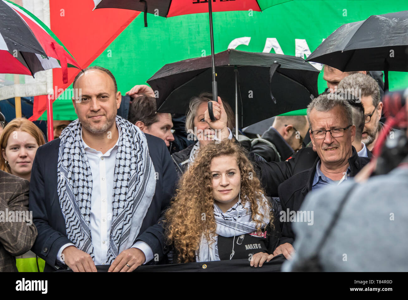 11 May, 2019. London,UK. Ahed Tamimi (front centre) with Husam Zomlot ...