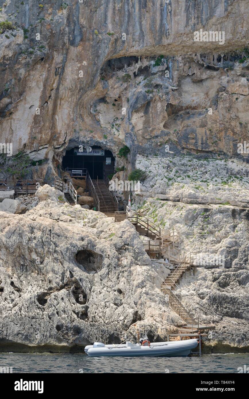 Entrance to Grotta del Fico limestone caves complex, Gulf of Orosei ...