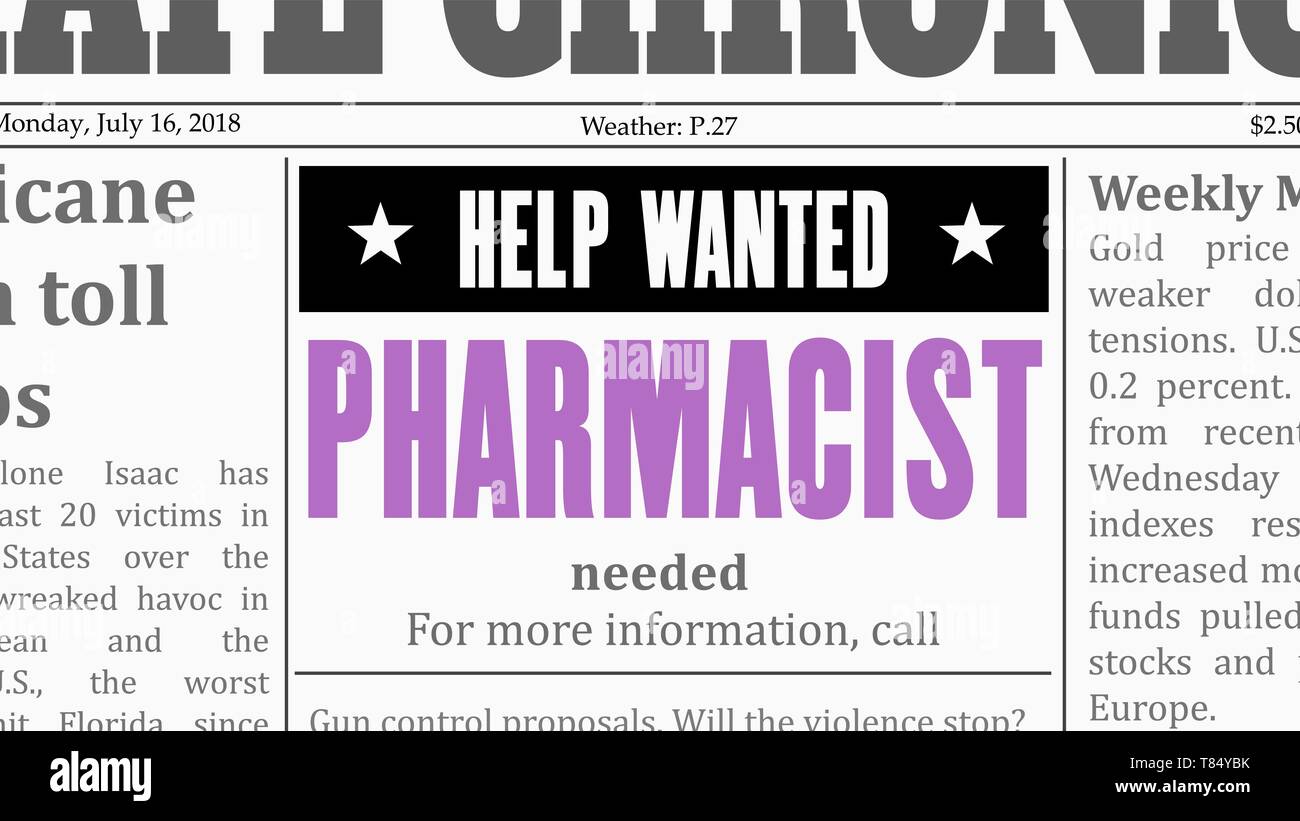 Pharmacist job offer. Newspaper classified ad in fake generic newspaper ...