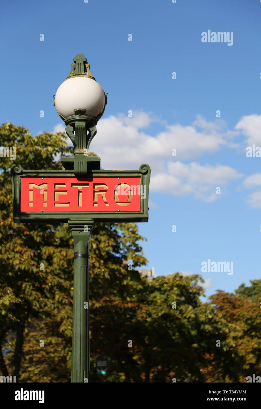Paris, France - August 17, 2018: French Metro Signal with street lamp ...