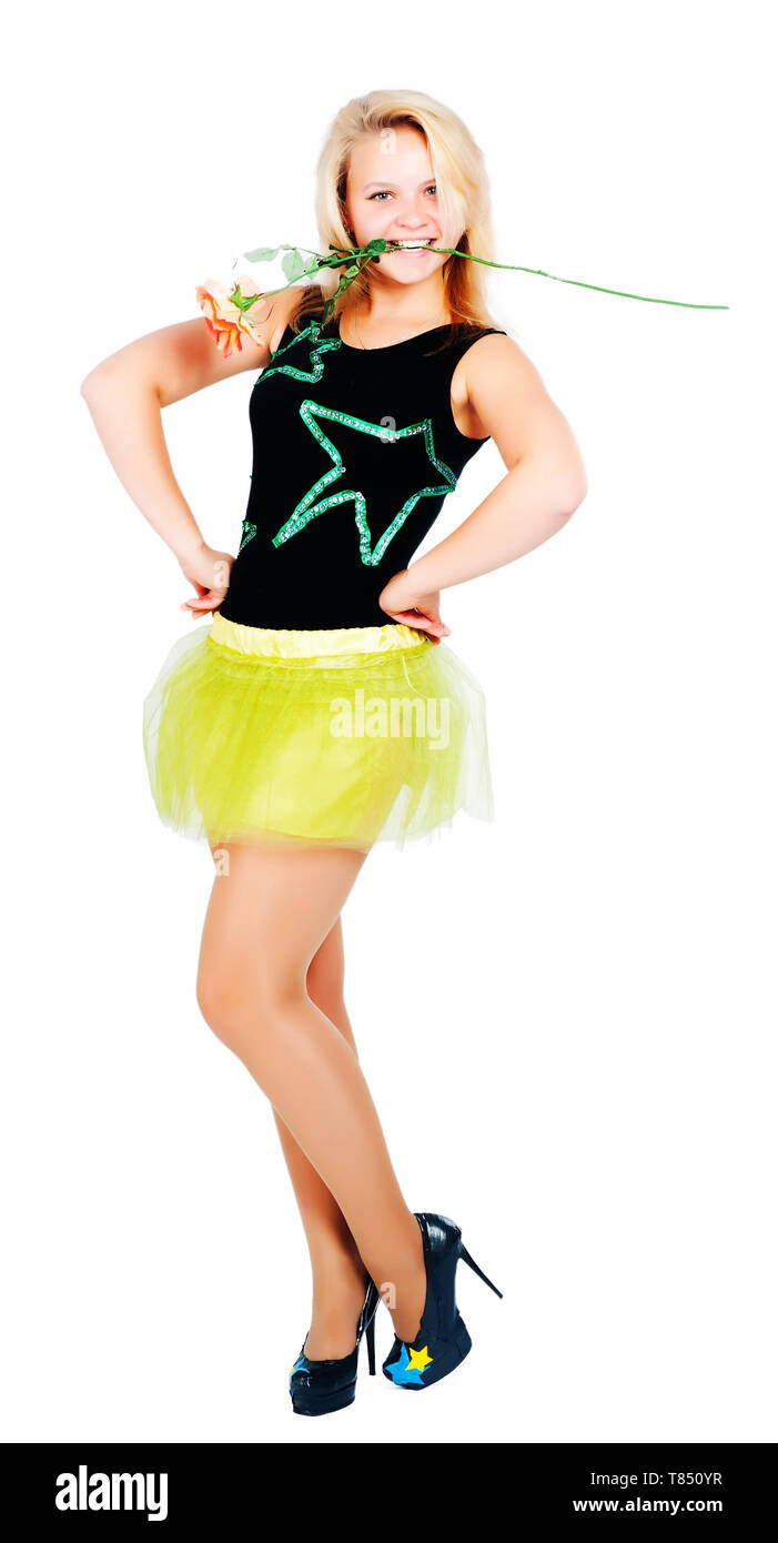 Young beautiful woman dancing with flower. Isolated on white Stock ...