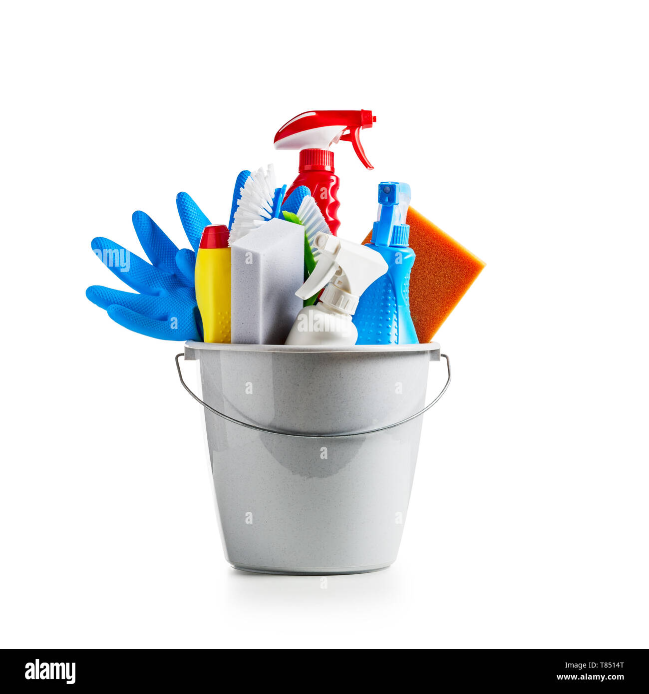 Bucket with cleaning supplies isolated on white background. Single ...