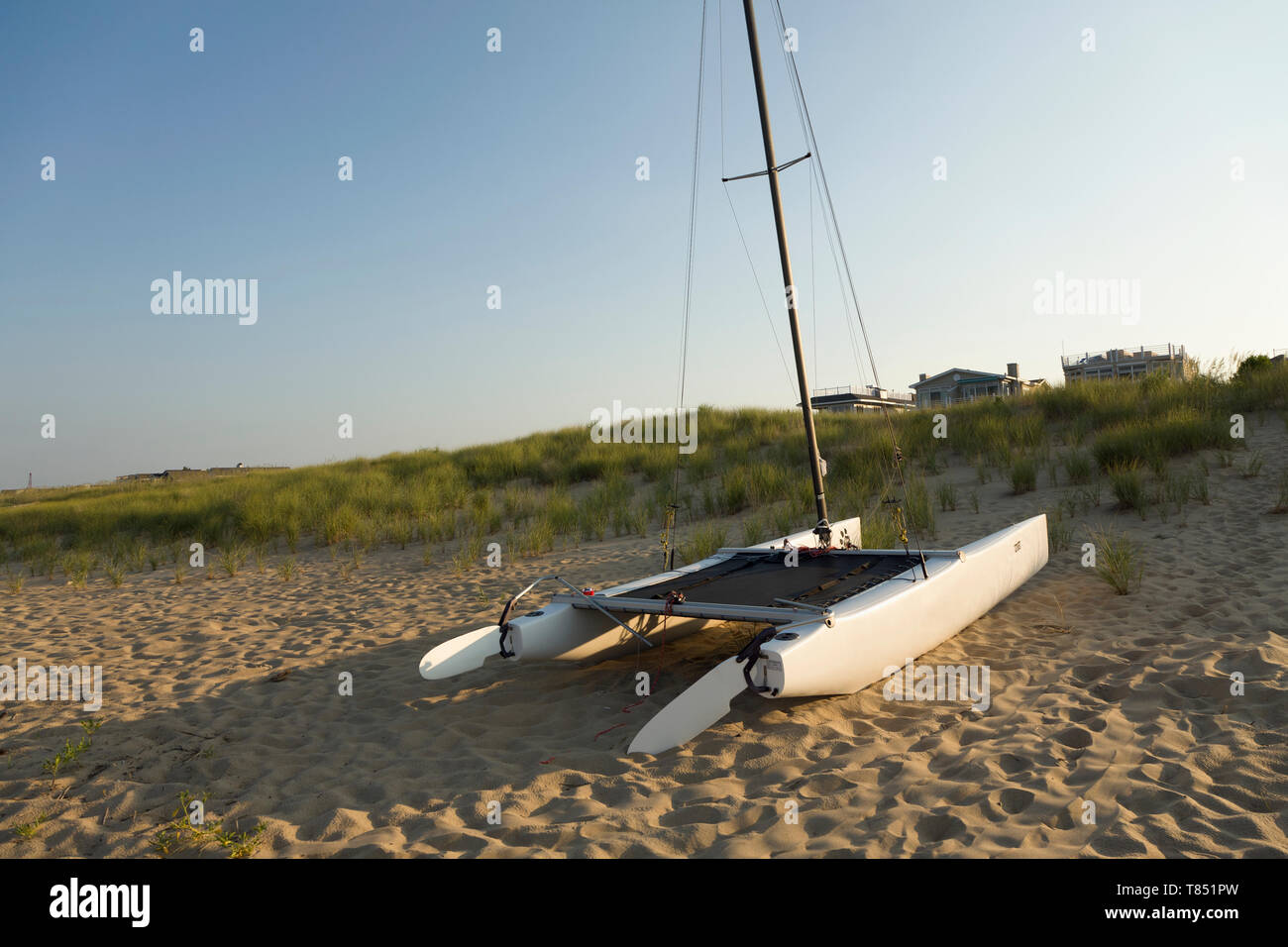 A catamaran sailing boat on the sand, on a beach, with houses in the ...