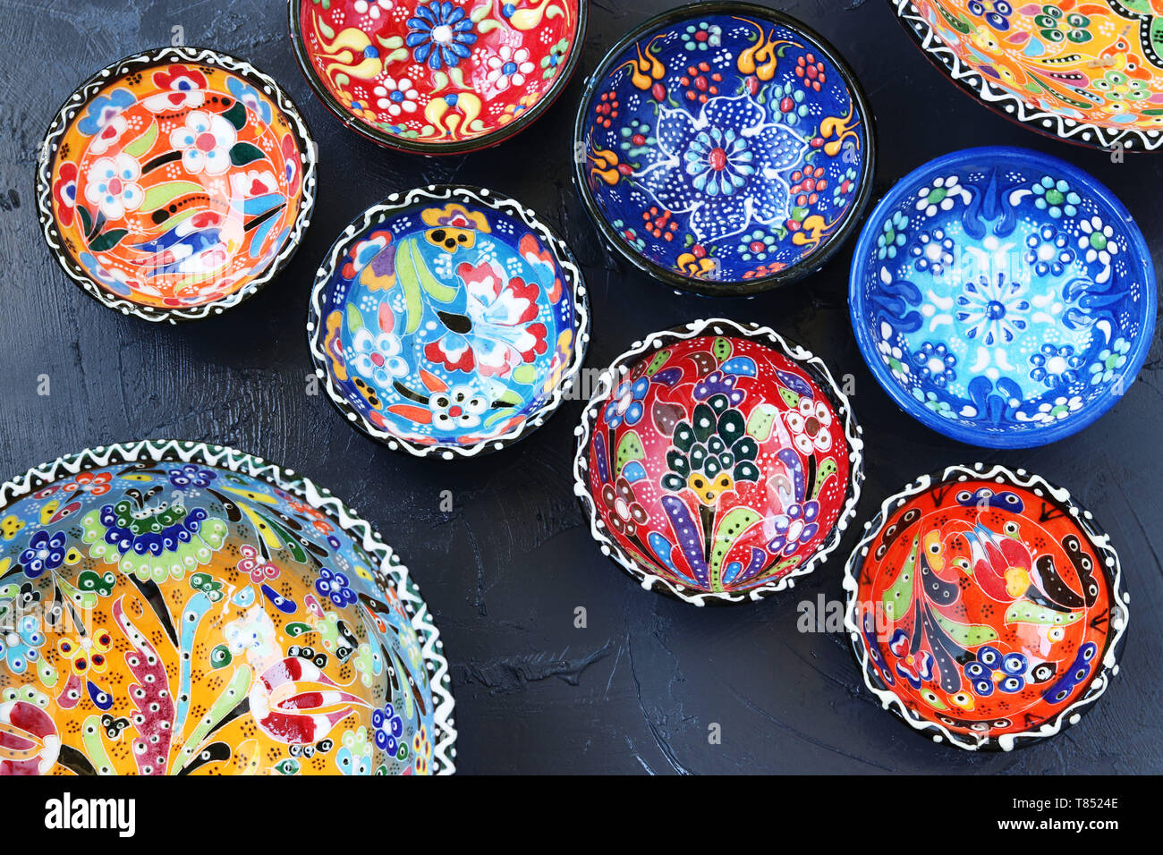 Traditional Turkish ceramics on a dark background, top view, horizontal ...