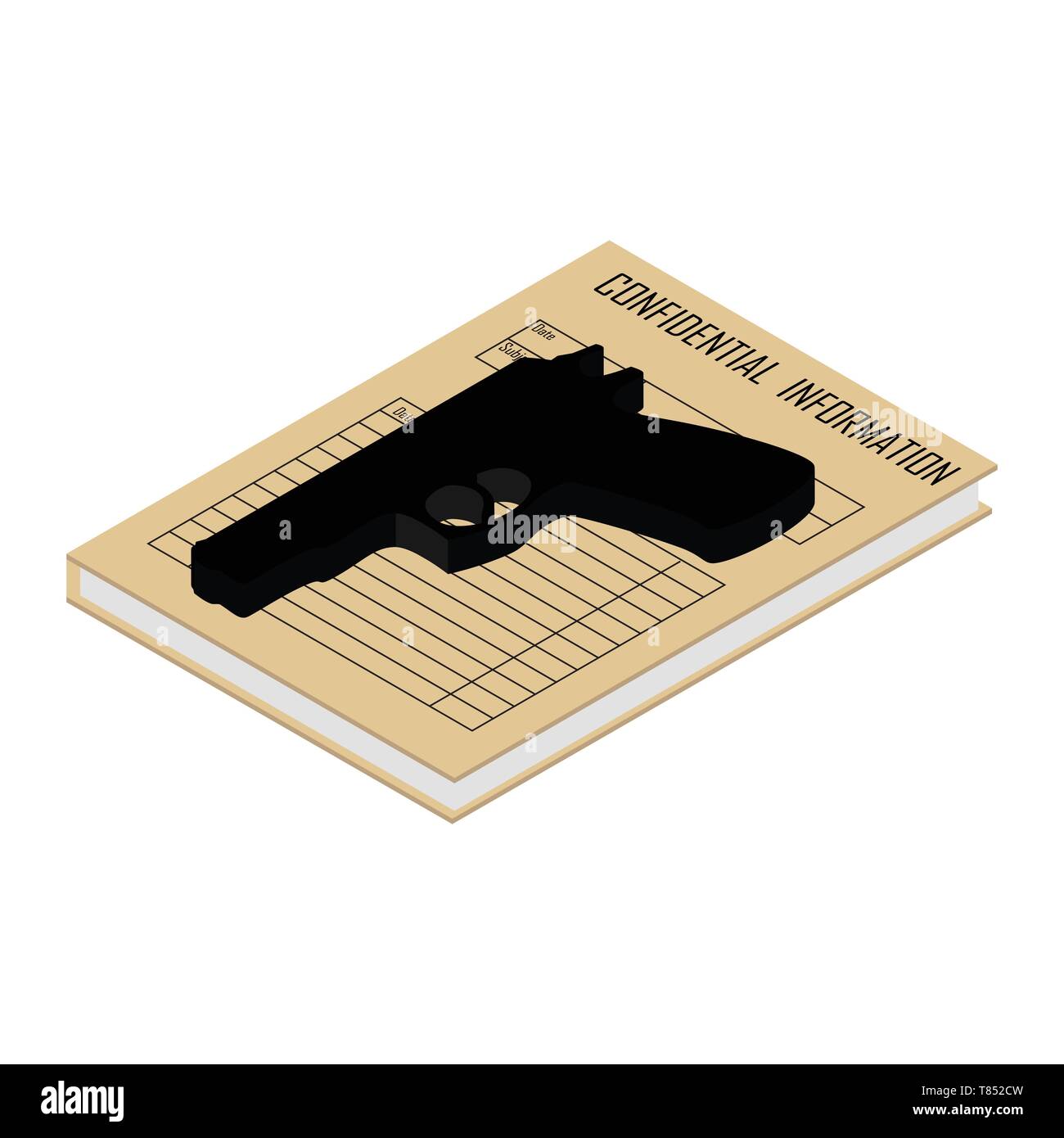 Gun and files with confidentional information concept isometric view ...
