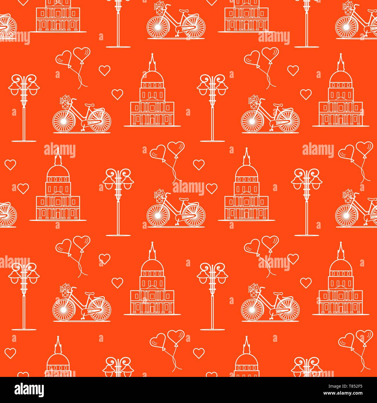 Seamless pattern with famous building, bicycle, lantern, balloons ...