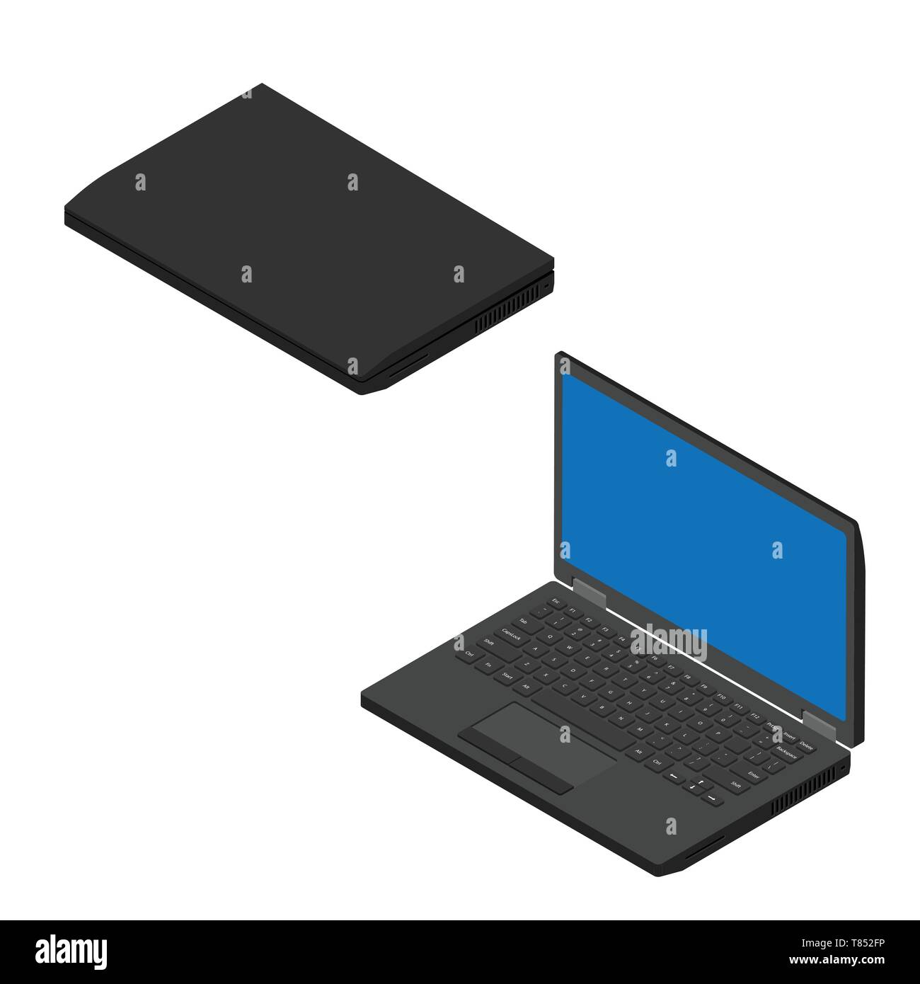 Opened and closed laptop computers collection isometric view isolated ...