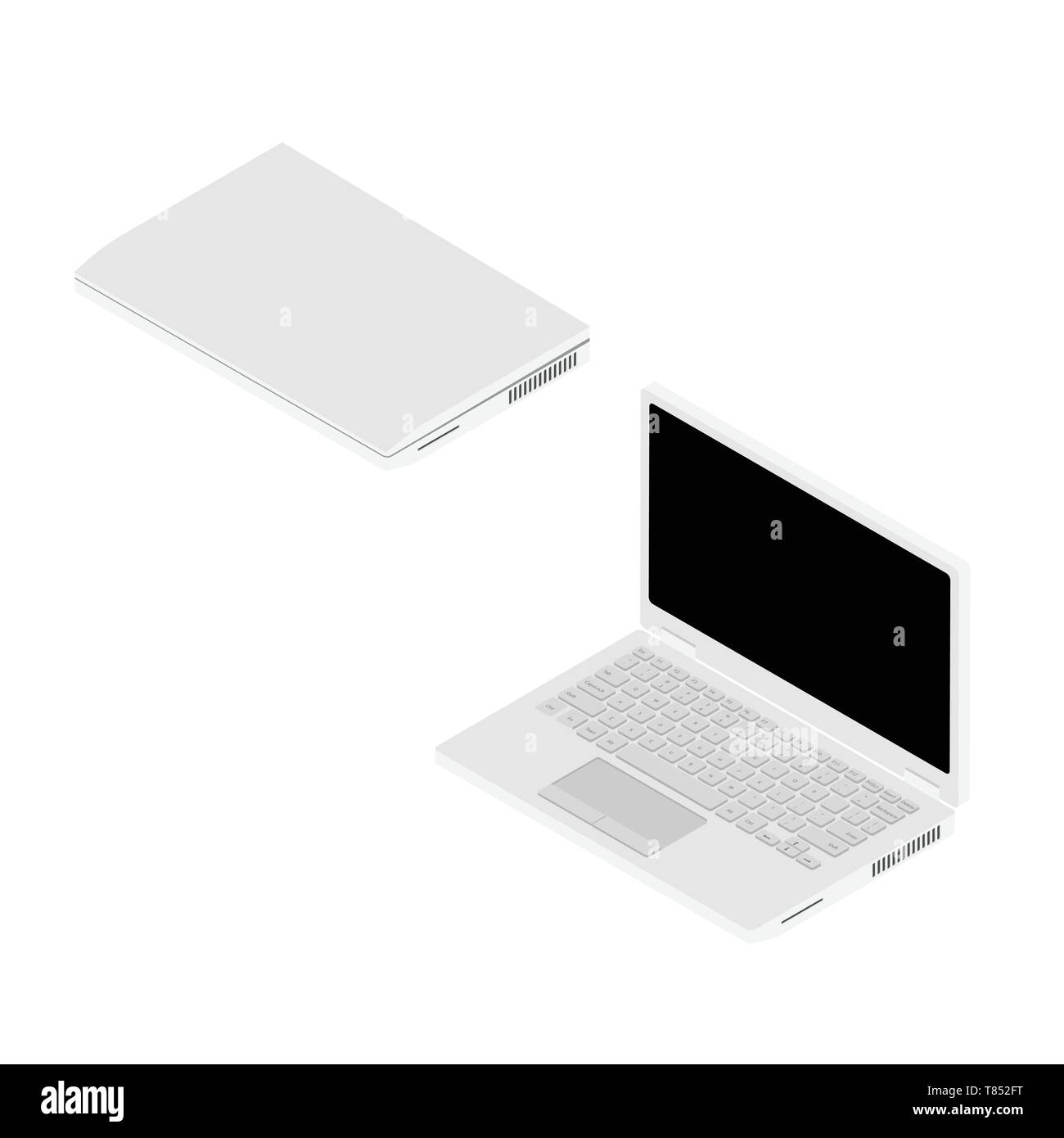 Opened and closed laptop computers collection isometric view isolated ...