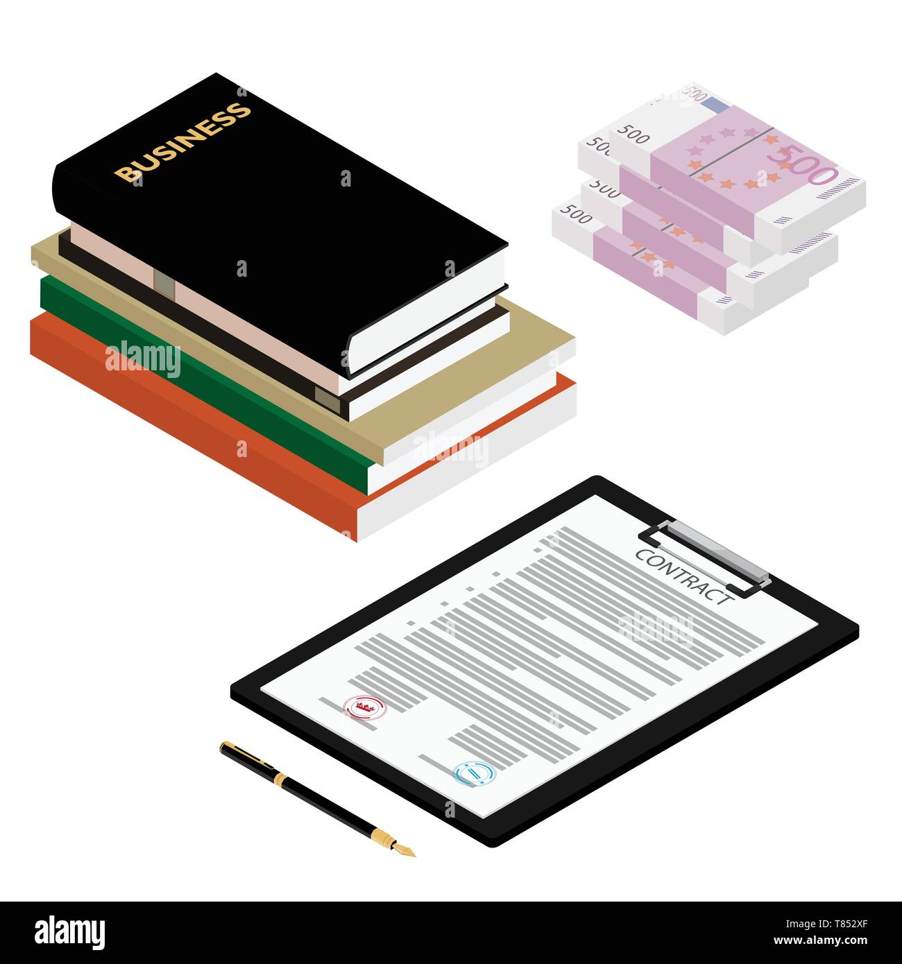 Contract agreement concept stack of money, business books, contract and ...