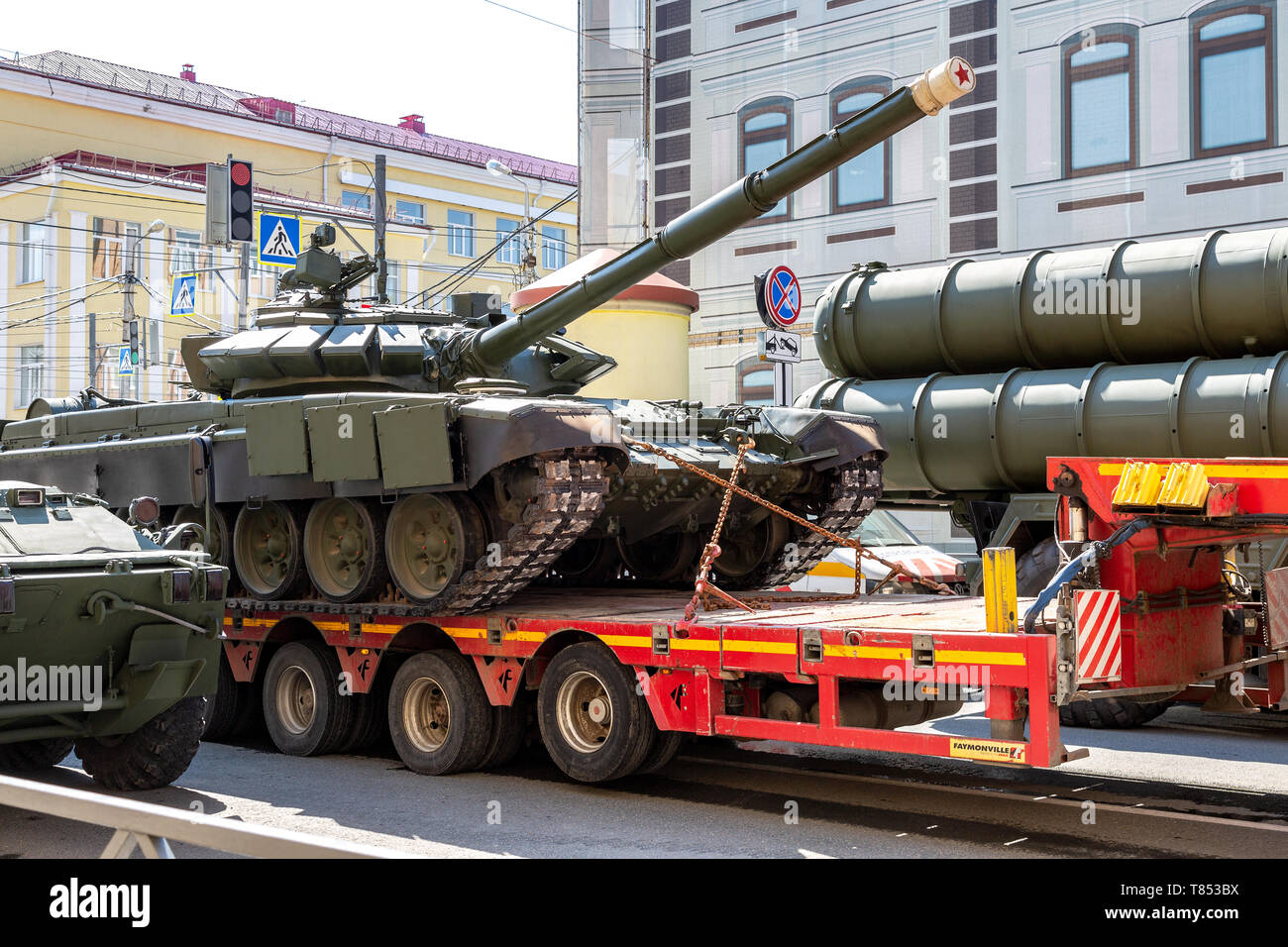 Samara, Russia - May 4, 2019: Transportation of heavy army tank T-72B3 ...