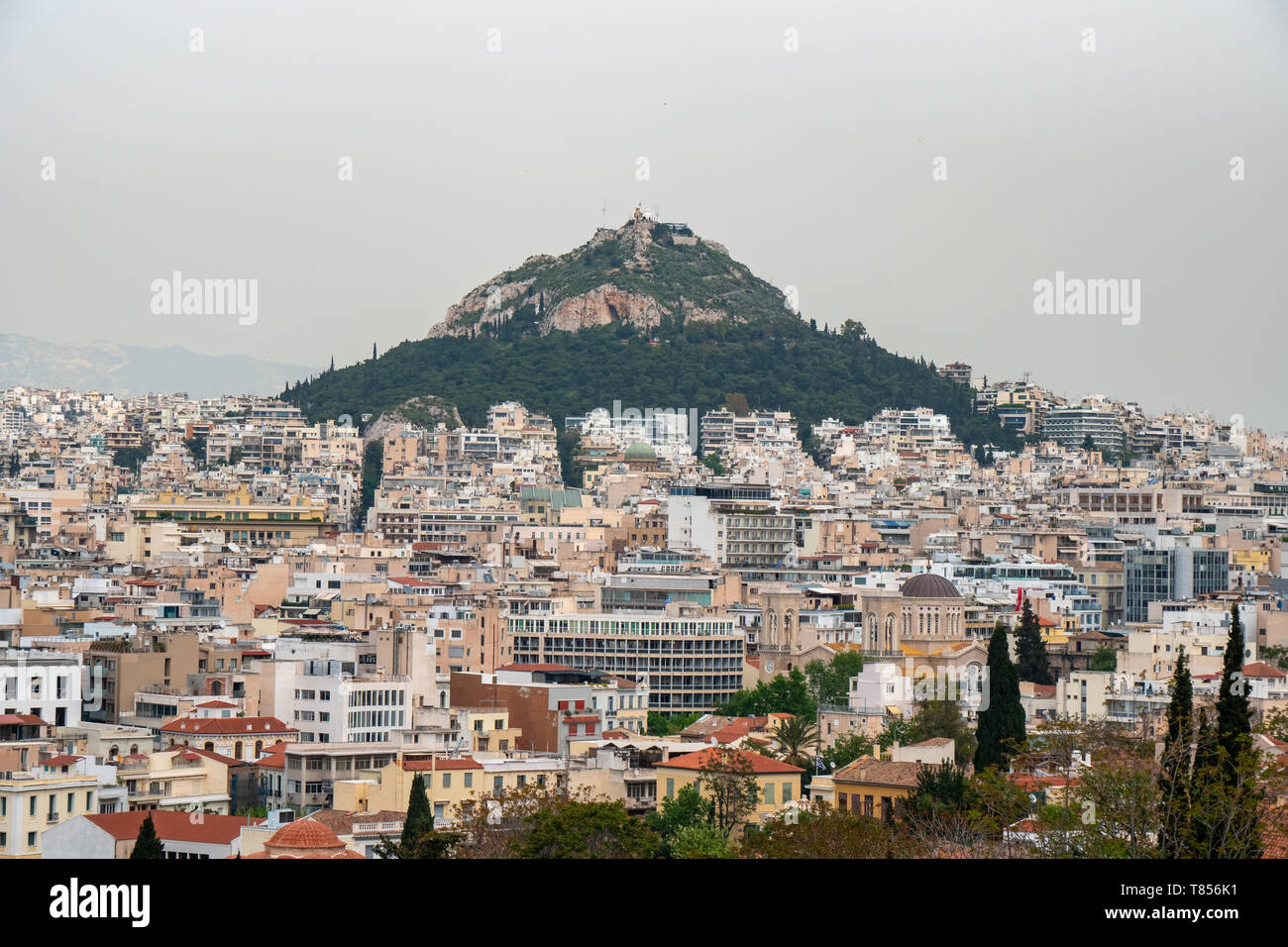 View from Acropolis on cityscape of Athens and Lycabettus Hill, known ...
