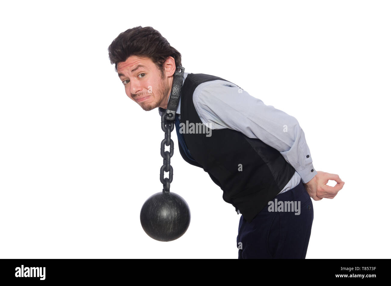 Chained male employee isolated on white Stock Photo - Alamy