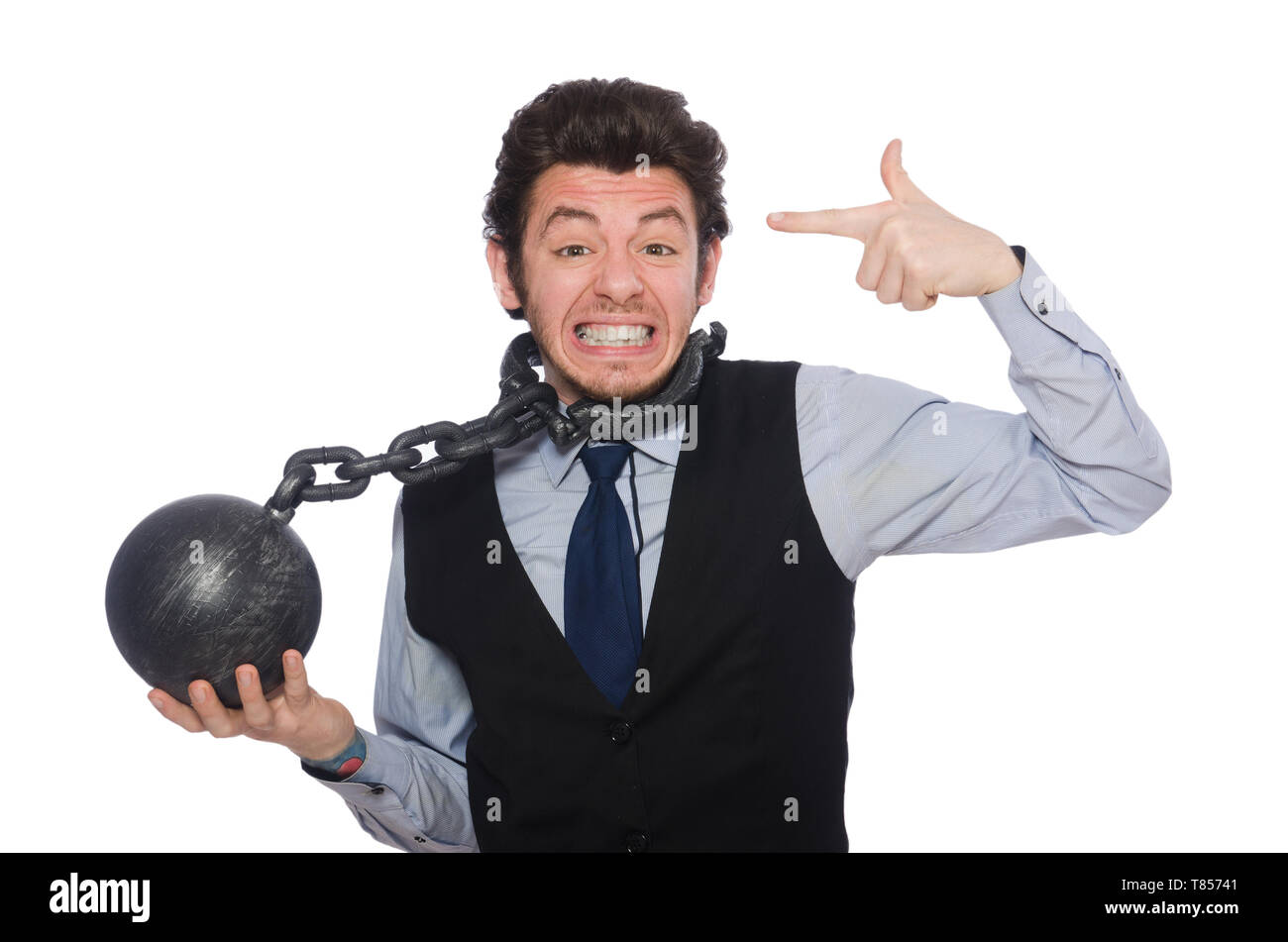 Chained male employee isolated on white Stock Photo - Alamy