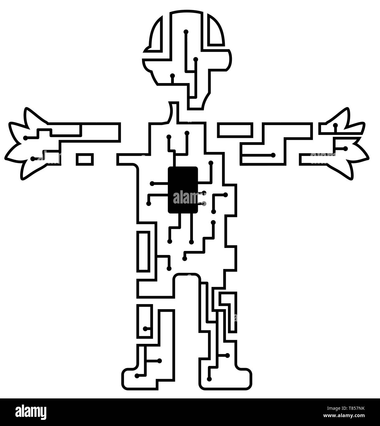 Chip electronic technology human figure cartoon line drawing, vector ...