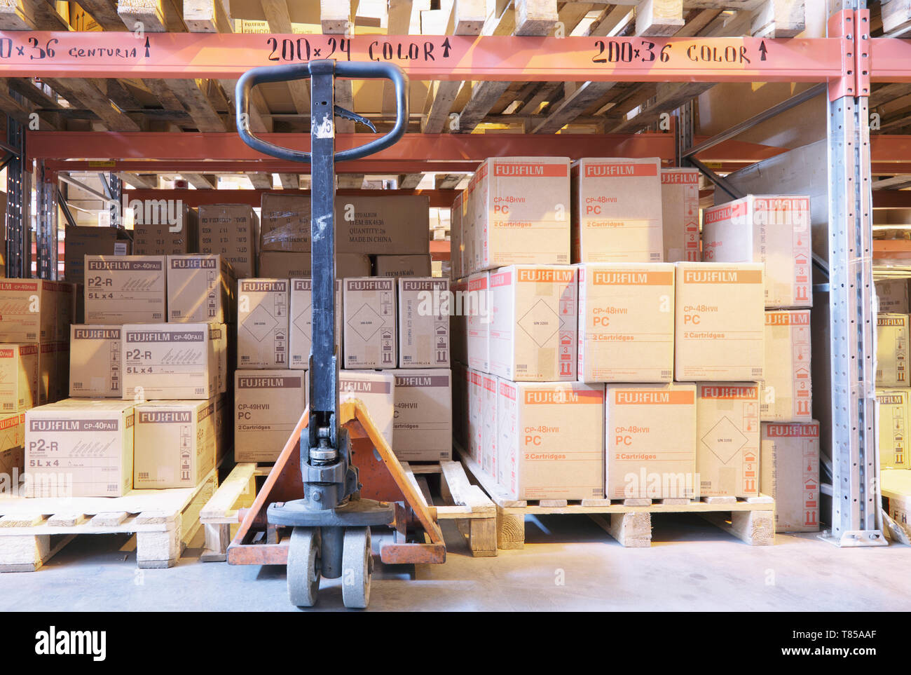 Pallet Jack and Boxes Stock Photo - Alamy