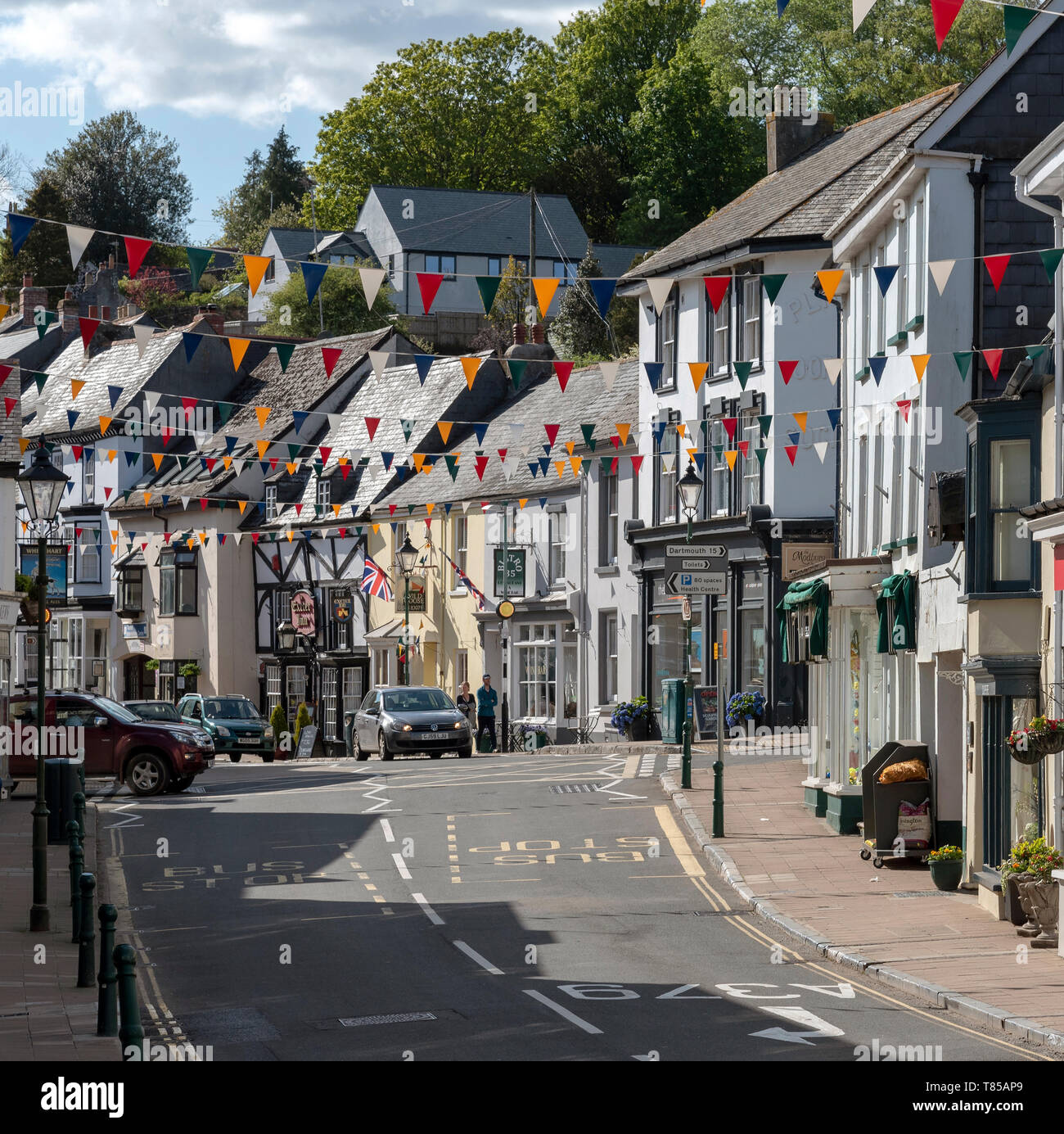 Modbury, South Devon, England, UK. May 2019. The market town of Modbury ...